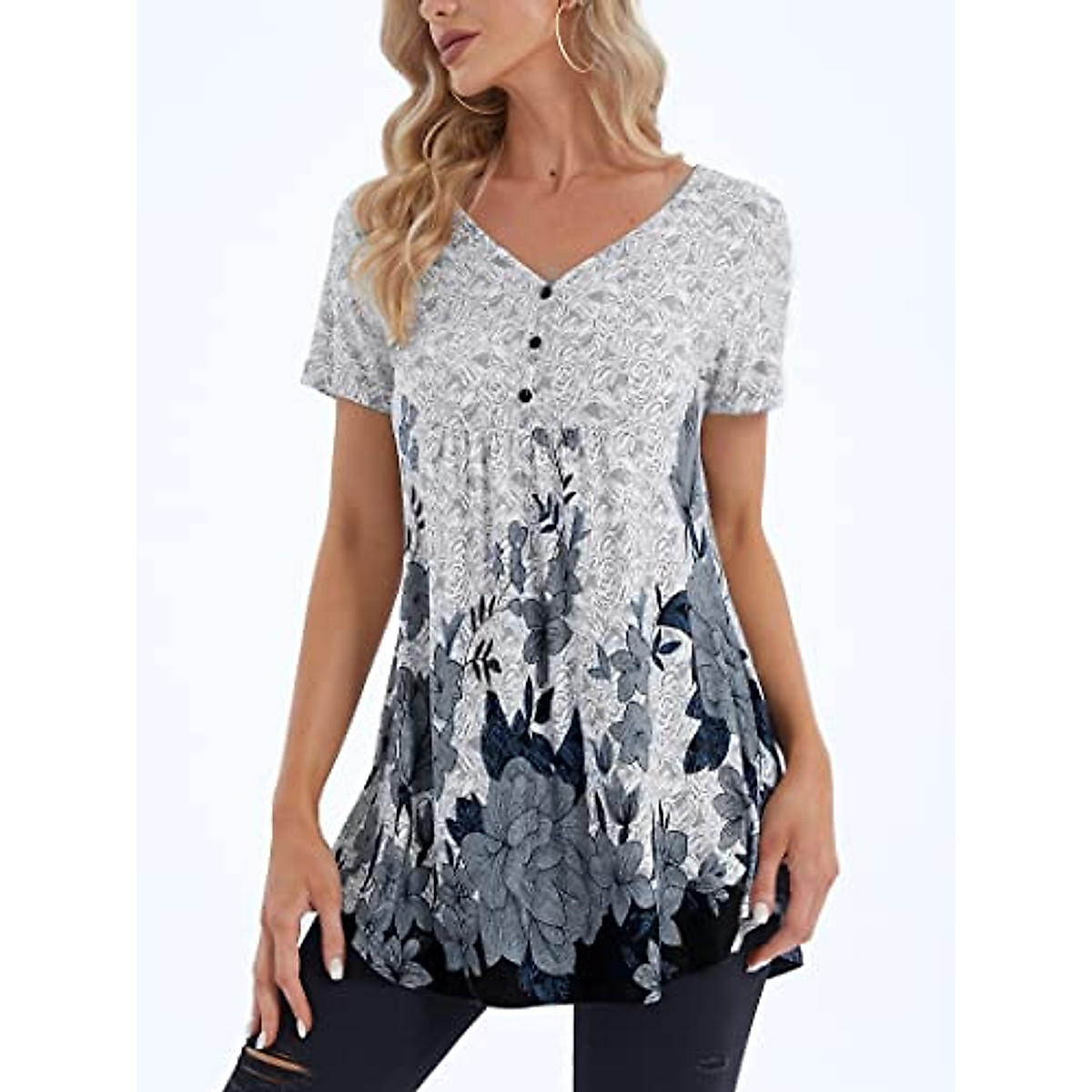 BAISHENGGT Women's V Neck Short Sleeve Buttons Pleated Flared Tunic Tops Grey - Peony XXL