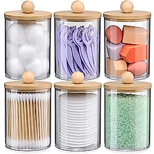 6 Pack Qtip Holder Dispenser Set with Bamboo Lids, Bathroom Canister Accessories, Storage Organizer, Clear Plastic Apothecary Jar for Cotton Ball, Swab, Pads, Floss, Vanity Makeup Organiztion - 10oz