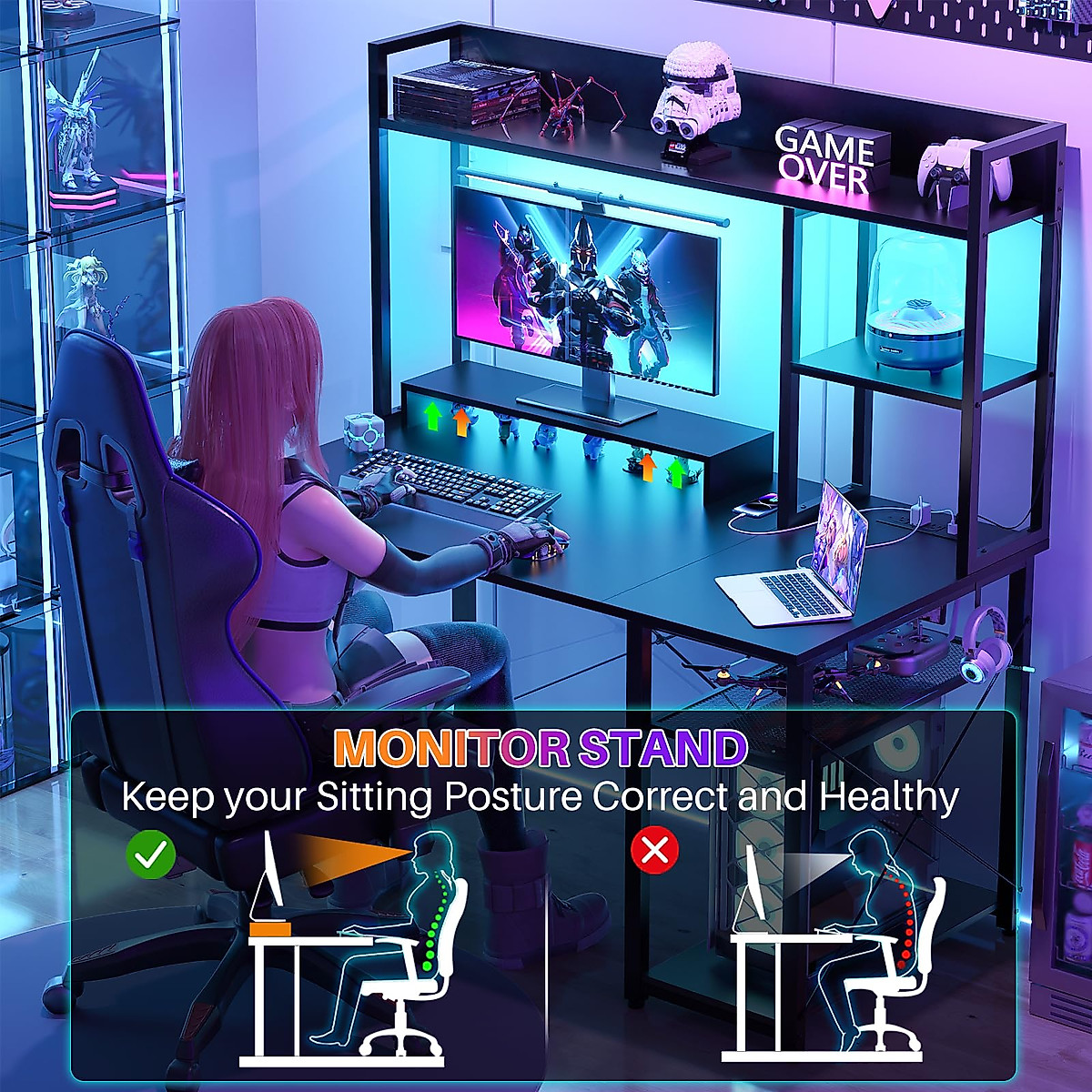 Cyclysio Gaming Desk with Hutch, 39'' Computer Desk with LED Lights & Power Outlets, Home Office Desk with Reversible 5 Tiers Storage Shelves & Monitor Stand, Small Gaming Table for Small Space, Black