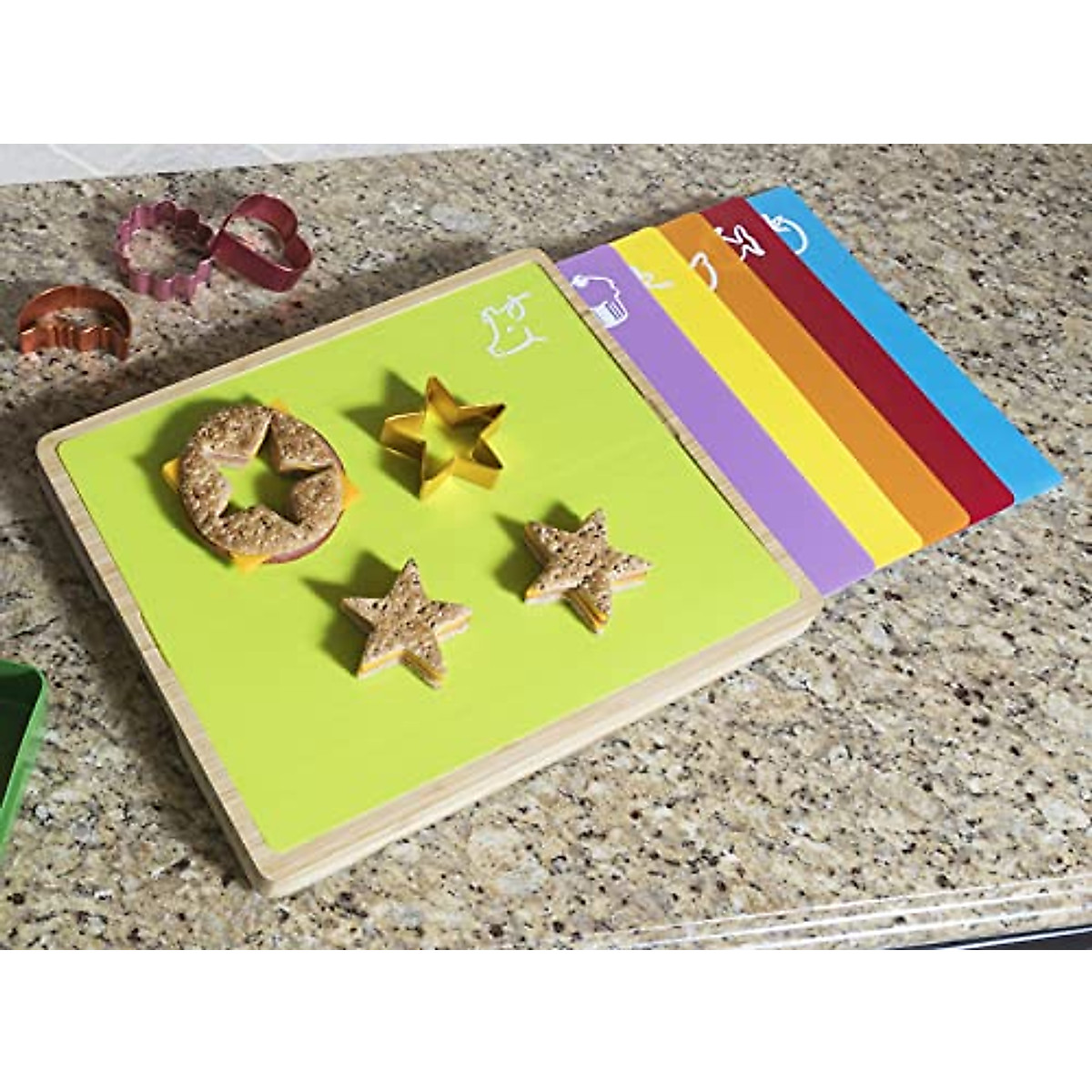 Lipper International 8889 Bamboo Wood Cutting Board with 6 Removable Color-Coded Cutting Mats, 16" x 13" x 1"