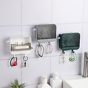 RAMFIYN White Plastic Wall Mounted Soap Saver for Shower with Hanger for Bath Ball, Adhesive Wall Mount Self Draining Soap Dish for Bathroom Flip-top Soap Box