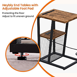 Heybly Side Table, C Shaped Nightstand End Table with Charging Station and Phone Holder,2 USB Ports and Power Outlets, Snack Sofa Couch Tables for Small Spaces, Rustic Brown HET001CSR1
