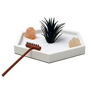 Nature's Mark Mini Zen Garden Kit for Desk with White Sand, Rake, White Base, Salt Rock and Air Plant (Round)