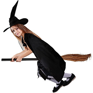 3 Pcs Kids Witch Halloween Cosplay Costume Includes Hooded Long Cloak Large Ruched Halloween Witch Hat Witch Broomstick(Retro)