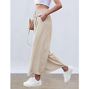 ZJCT Wide Leg Palazzo Pants for Women Summer Beach Pants Flowy Loose Casual Lounge Pajama Yoga Pants with Pockets Apricot L