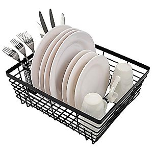 TQVAI Kitchen Dish Drying Rack Metal Dish Drainer with Full-Mesh Silverware Utensils Basket Holder, Black