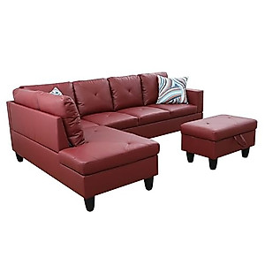 NOTOP 3-Piece Faux Leather Sectional Sofas, Button Tufted Upholstered Couch Set with Left Chaise Longue and Storage Ottoman, for Living Room, Home, Office, Red