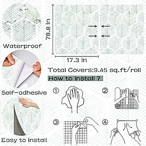 Modern Peel and Stick Wallpaper 17.3''×78.8'' Geometric Wallpaper Boho Contact Paper Green and White Self-Adhesive Wallpaper Removable Decorative Wallpaper for Bedroom Bathroom Cabinets Decor Vinyl