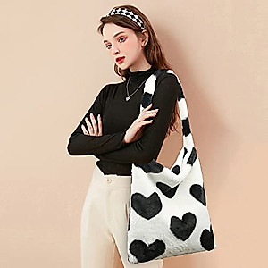 YFGBCX Upgrade Large Fluffy Tote Bag with Lining and Pockets Y2K Fuzzy Purse with Zipper Plush Shoulder Bag Fluffy Faux Fur Daisy Bag Flower Purse for Teen, Girls, Women