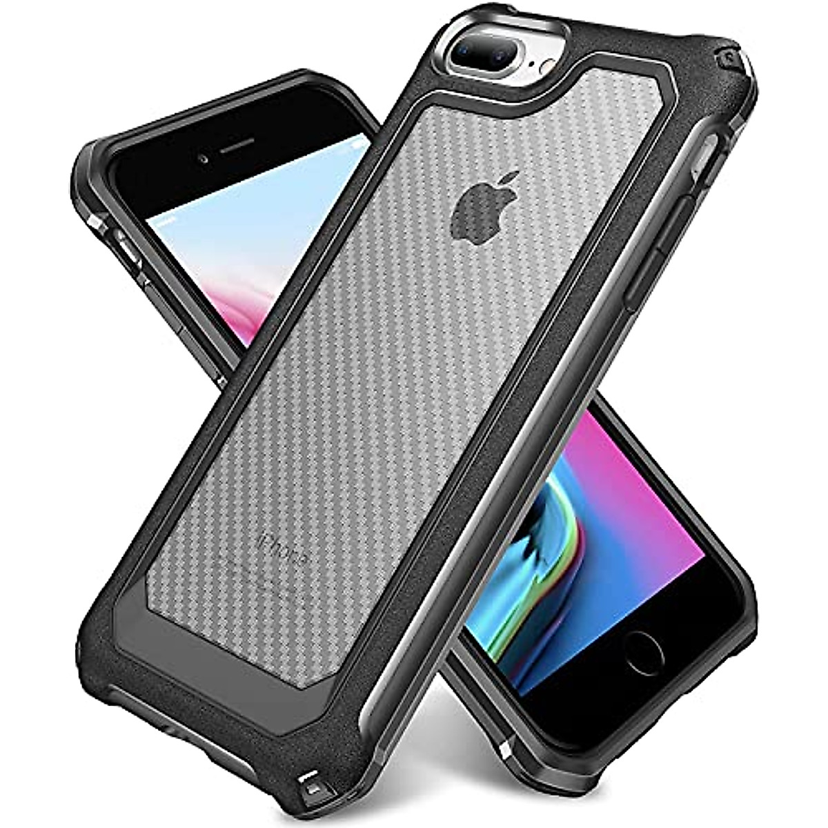 SUPBEC iPhone 8 Plus Case, iPhone 7 Plus Case, Slim Carbon Fiber Shockproof Protective Cover with Screen Protector [x2] [Military Grade Drop Protection] [Anti Scratch&Fingerprint], 5.5", Black