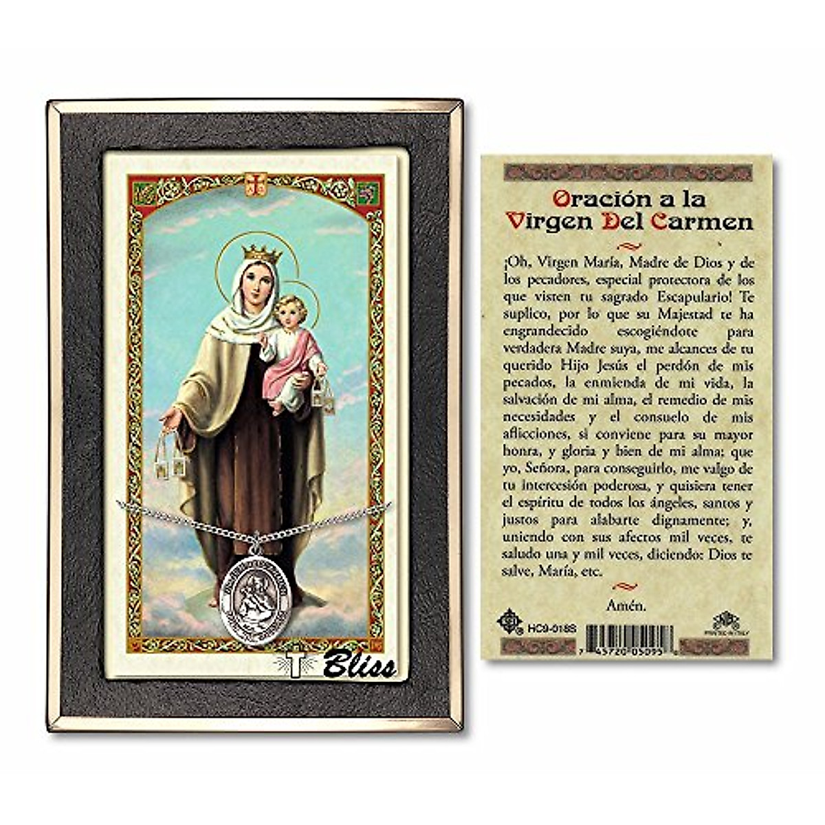 Bonyak Jewelry Pewter Virgen del Carmen on a 18 inch Curb Chain with a Prayer to Our Lady of Mt. Carmel Prayer Card