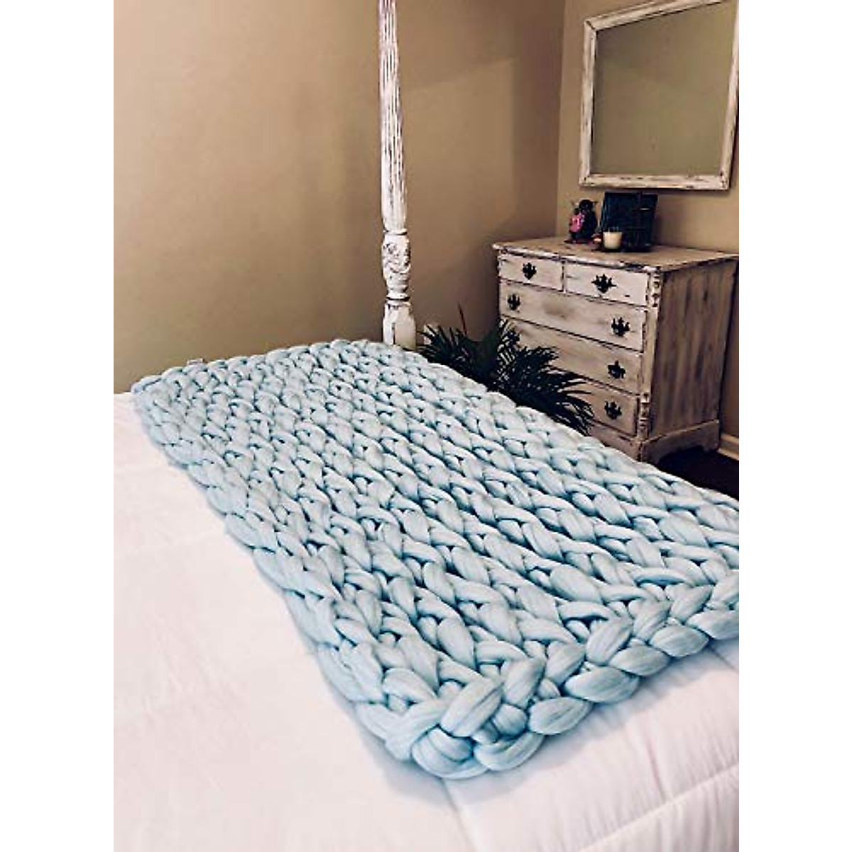 EASTSURE Chunky Knit Blanket Bulky Throw Merino Wool Hand Made Bed Sofa Throw Super Large,Sky Blue,40"x59"