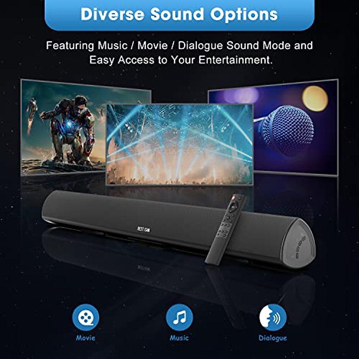 Bestisan Soundbar, TV Sound bar with Bluetooth 5.0, Optical AUX HDMI Connection, 28 Inch,3 EQs, 110dB Surround Sound Bar Home Theater Audio Soundbar System for TV