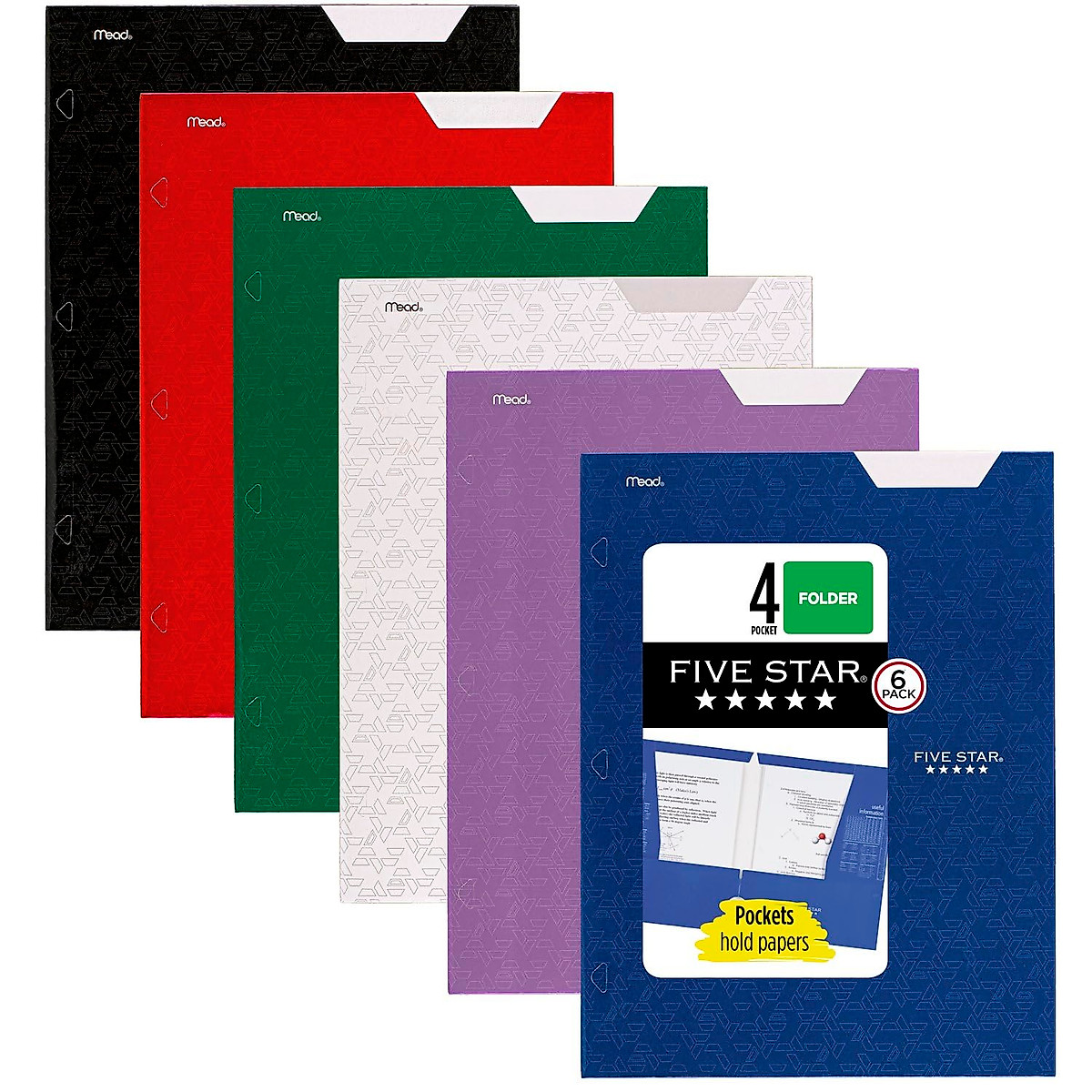 Five Star 4-Pocket Folders, 6 Count (Pack of 1), Fits 3-Ring Binders, Holds 11" x 8-1/2", Assorted Trend Colors (38056)