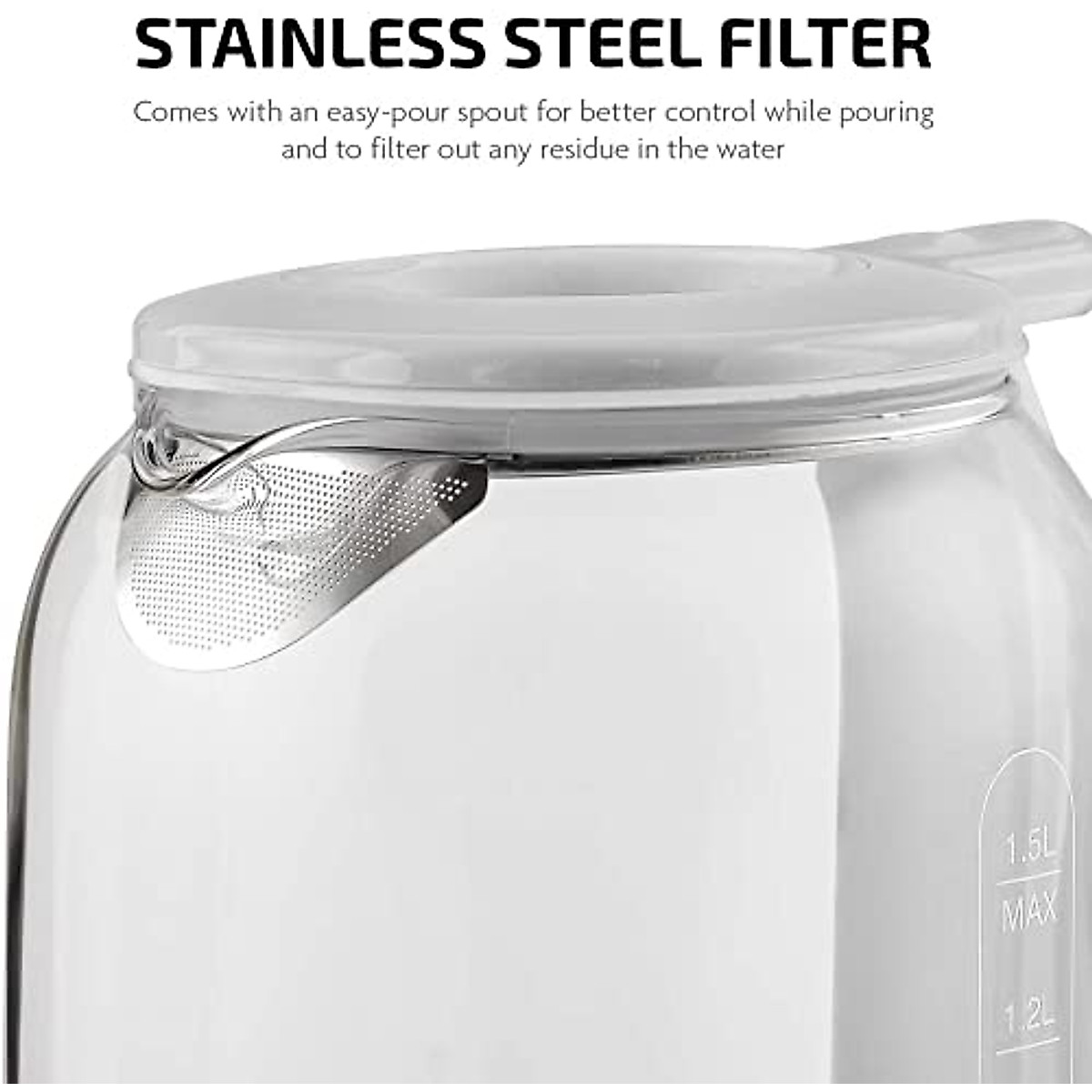 OVENTE Electric Glass Kettle 1.5 Liter 1500W Instant Hot Water Boiler Heater with ProntoFill Tech, Boil-Dry Protection, Automatic Shut Off, Fast Boiling for Tea & Coffee, White KG516W