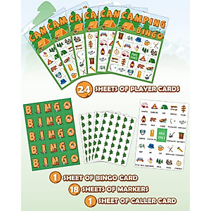 Mosailles Camping Bingo Game Outdoor Indoor Activities Hike Field Trip Supplies Party Favors Card Games for Adults 24 Players Family Fun