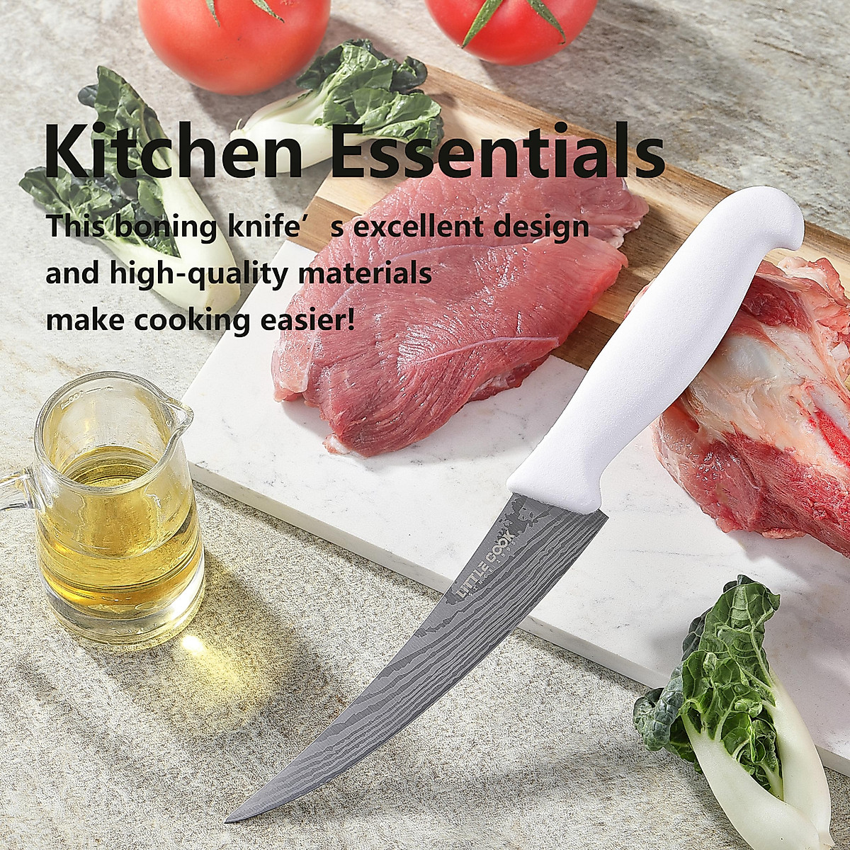 Boning Knife, Little Cook 6-inch Fillet knife, Stainless Steel Blade deboning Knife, Great for Meat Cutting, Fish, Poultry, Chicken (Dishwasher Safe, White)