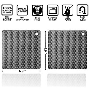 Anaeat 2 Pack Silicone Trivet Mats BPA Free - Heat Resistant Thicken Counter Mats, Multipurpose Hot Pads Non-Slip for Kitchen Potholder, Hot Dishes, Jar Opener, Spoon Rest, Drying Mat (Gray)