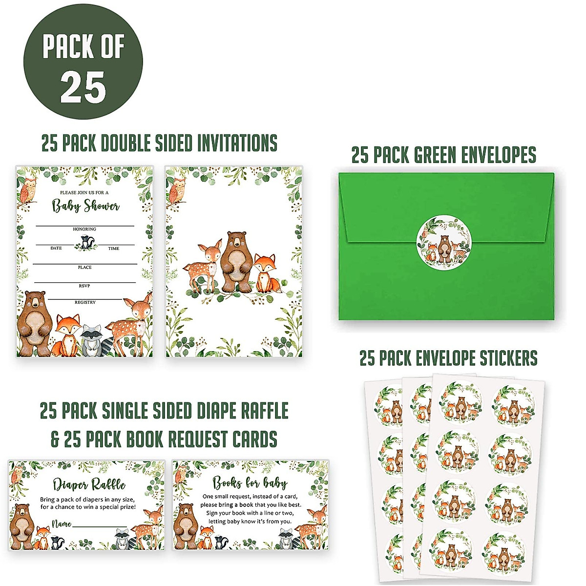 Yuzioey Woodland Baby Shower Invitations, 25 Pack Woodland Greenery Invitations Macthing Envelpoes, Diaper Raffle Tickets, Book Request Cards, Forest Creatures Invitations