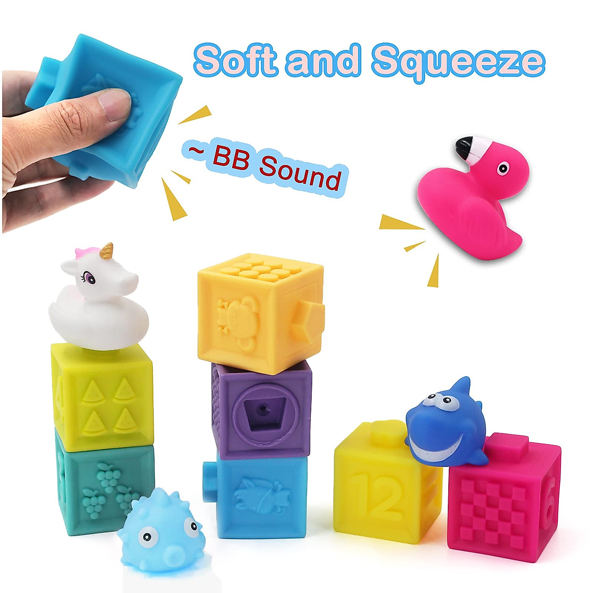 KIDPAPA Baby Blocks,16 PCS Baby Soft Building Blocks, Stacking Blocks with Shark Animals and Number, Educational Montessori Toys for Babies 6 to 12 Months and Up