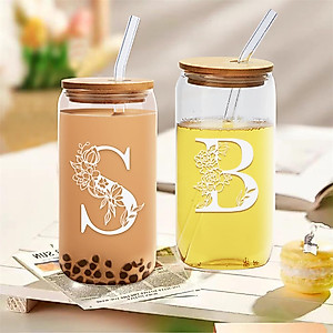 Glass Cup Birthday gifts for Women Personalized Monogram Gift for Women - 16 oz Clear Bamboo Glass Cups with Lid Straws Gifts for Mothers Day for Friends Teacher Nurse Mom Sister Aunt Letter S
