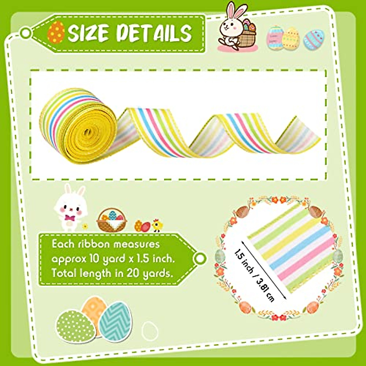 20 Yard Spring Ribbon Easter Stripe Wired Ribbon Burlap Pastel Stripe Ribbon Pink Lime Yellow White Blue 2 Rolls for Spring DIY Craft Baby Shower Gender Reveal Easter Holiday Decoration (1.5'')