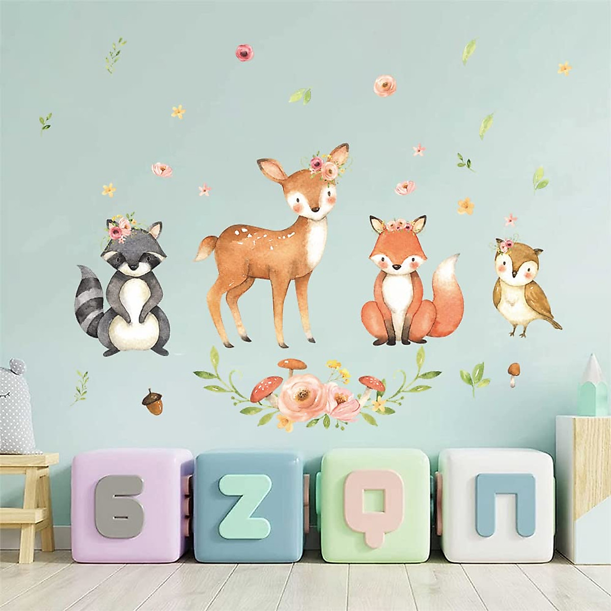 Supzone Woodland Animal Wall Decals Cartoon Animal Wall Stickers Cute Raccoon Deer Fox Owl Forest Animal Wall Decal for Kids Baby Nursery Playroom Bedroom Wall Decor