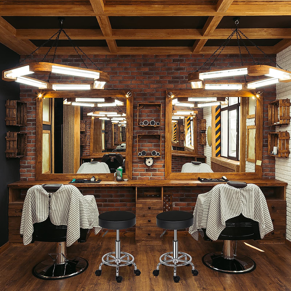 Salon Spa Stools Barstools PU Leather Modern Round Rolling Stool with Footrest Height Adjustable Spa Drafting Salon Tattoo Work Massage Stools Task Chair (Black 2)