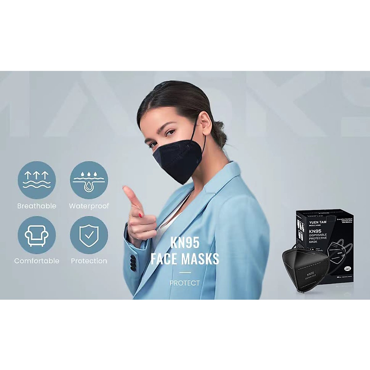 YUENTAM KN95 Face Masks 50PCS, 5-Layers Protection With Elastic Loop Straps and Nose-Clip and Adjustment Hook, Breathable 3D design For Men and Women,Individually Wrapped, Black and White (Black)
