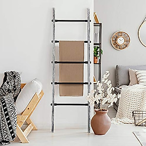 MyGift 5-ft Rustic Gray Washed Solid Wood Wall Leaning Blanket Ladder with 5 Metal Pipe Rungs, Bathroom Towel Ladder Rack