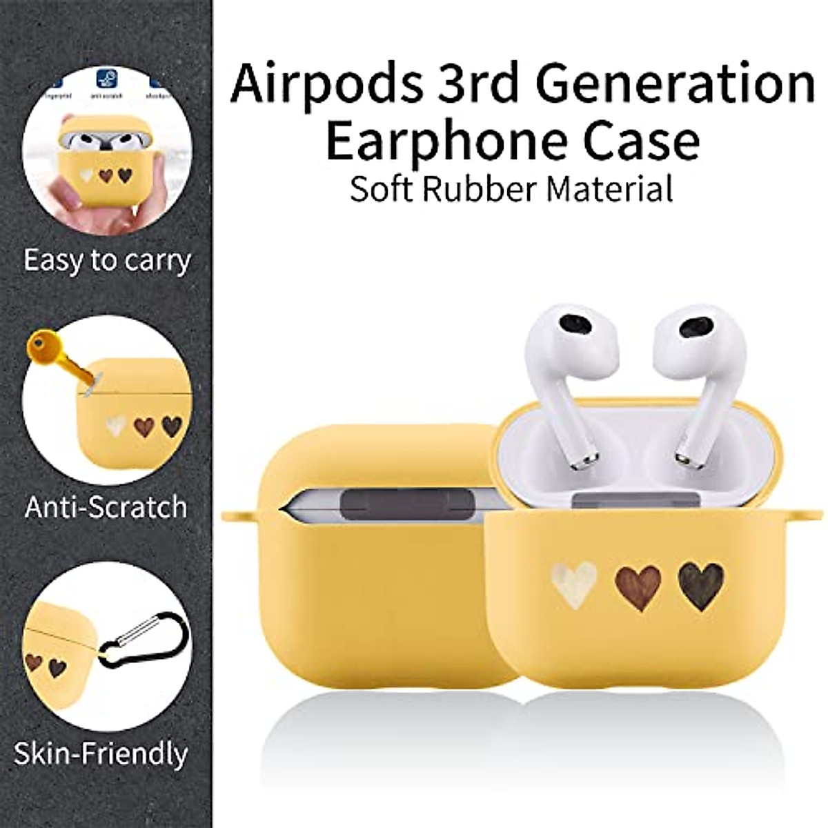 Cute Heart Case Compatible with AirPods 3 with Keychain, Cartoon Beige Design Soft TPU Cover for AirPods 3rd Generation Charging Case Smooth Protective Shell for Girl Women(Yellow