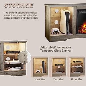 LEMBERI 58 Inches Fireplace TV Stand for TVs up to 65 Inches Console with 18'' Electric Fireplace & Remote, Wooden Modern Entertainment Center for Living Room with LED Light Glass Shelves (Grey)