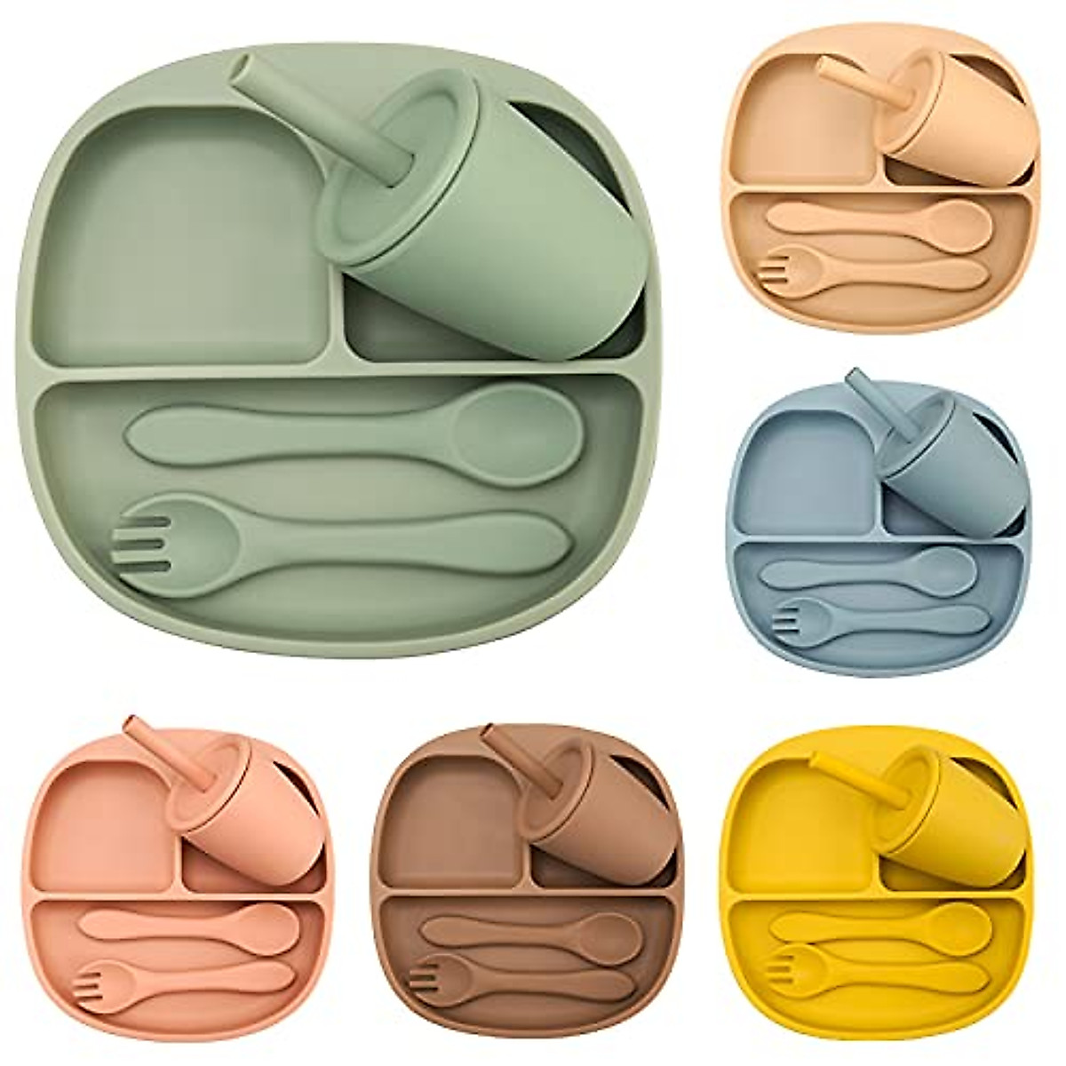 WebDeals 2 You Silicone Feeding Set for Baby or Toddler Suction Plate With Cup Fork Spoon Toddler Plate Baby Cup Baby Plate Baby Fork and Spoon (Ether)