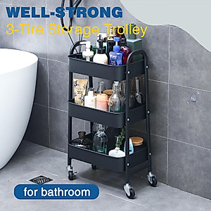 WELL-STRONG Metal Storage Trolley - 3-Tier Rolling Cart with Lockable Wheels - Multi-Purpose Utility Cart with Handle - Mobile Shelving Organizer for Bathroom, Office, Kitchen, Bedroom, Garage Black