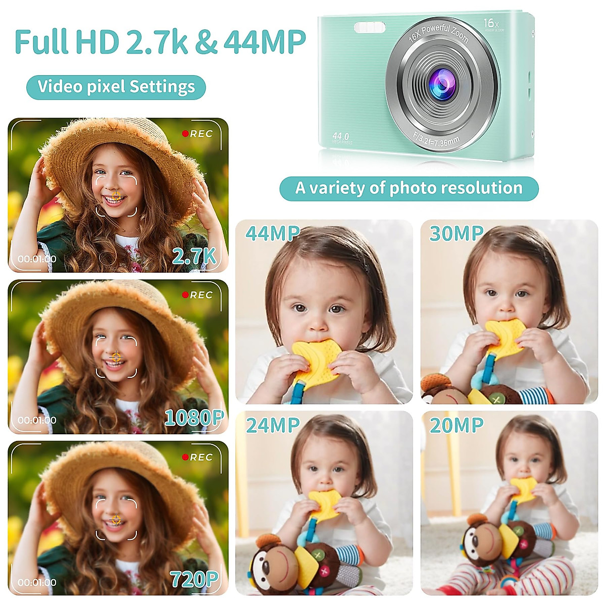 Saneen Digital Camera, FHD 2.7K Cameras for Photography, 44MP Kids Camera Small Mini Compact Digital Camera for Teens, Adults & Beginners with 32GB SD Card, 16X Zoom, Two Rechargeable Batteries-Green