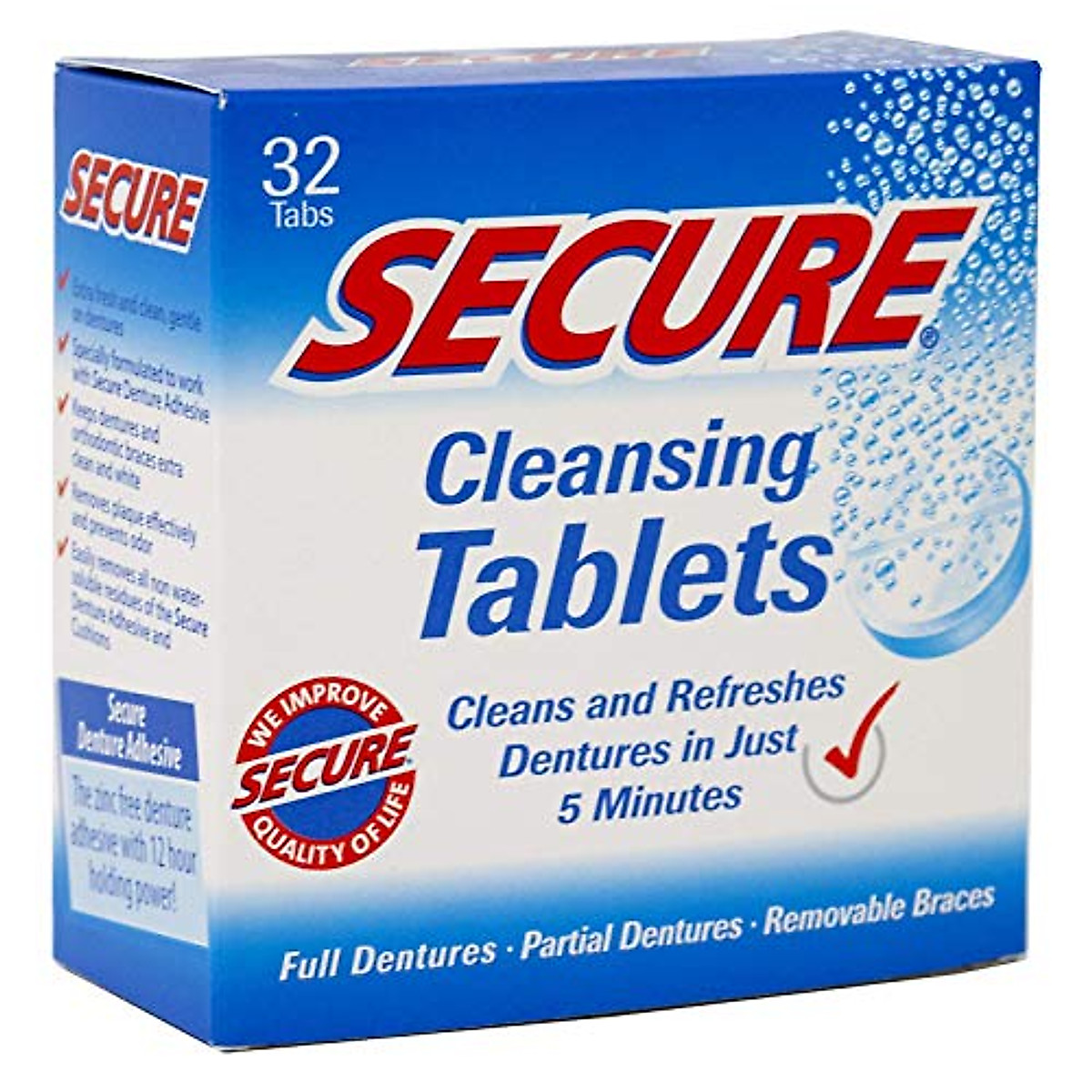 Secure Cleansing Tablets Zinc Free PH Formula Removes Odors, Stains, Bacteria, Germs - Clean Dentures, Partials & Removable Braces - 32 Tablets (Pack of 3)