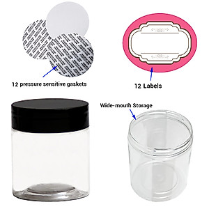 12 Pack 4 oz Plastic Jars,Wide-mouth Clear Storage Containers with Black Lids, Empty Round Clear Plastic Jars with Lids and labels for Body Butter, Bath Salt, Slime and Beauty Products