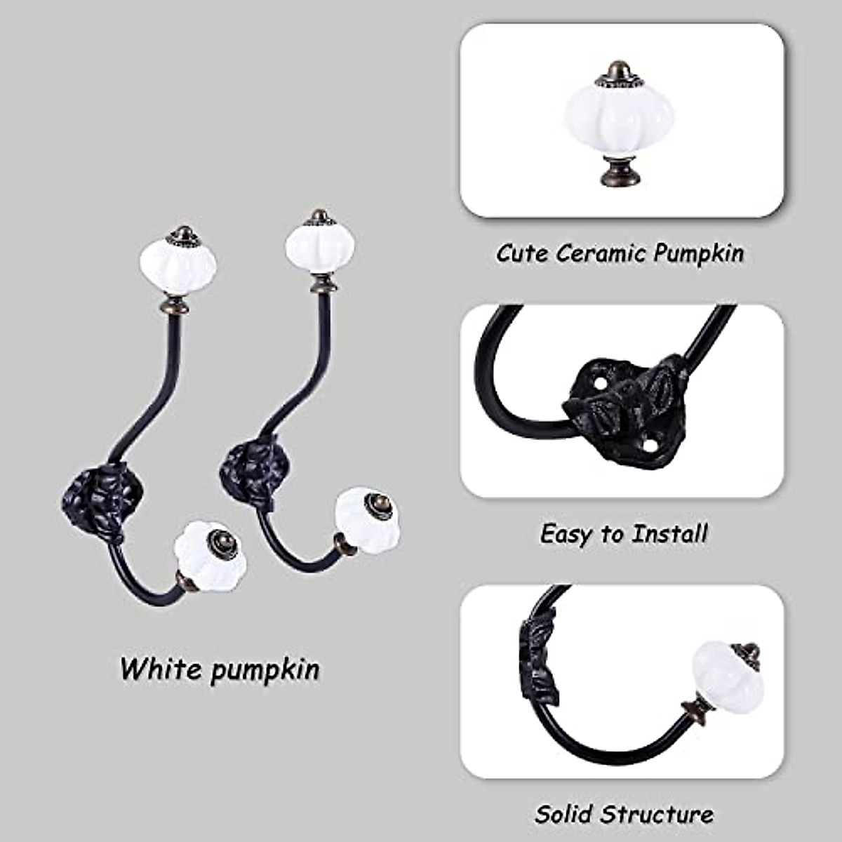 NIKKY HOME Wall Hooks Decorative 2 Pack Hanging Rustic Vintage Pumpkin Metal Iron Ceramic Antique Mounted Wall Hook for Towels Coat Bag Scarf Cap Hat Key for Farmhouse Mudroom Closet Bathroom, White