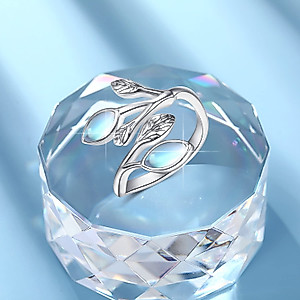 PRAYMOS 925 Sterling Silver Leaf Rings for Women Moonstone Ring Open Adjustable Wrap Rings Promise Engagement Wedding Rings