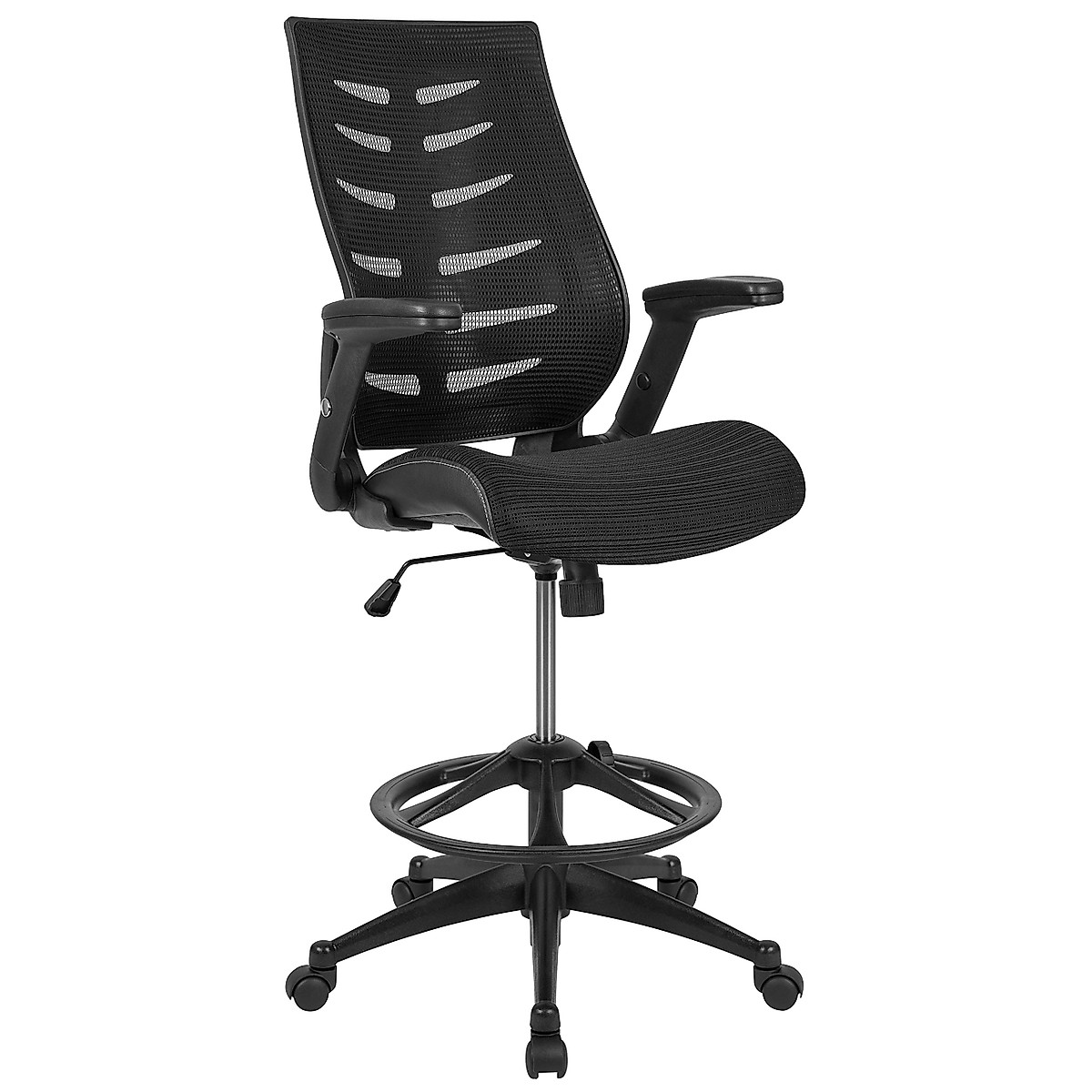 Flash Furniture High Back Black Mesh Spine-Back Ergonomic Drafting Chair with Adjustable Foot Ring and Adjustable Flip-Up Arms