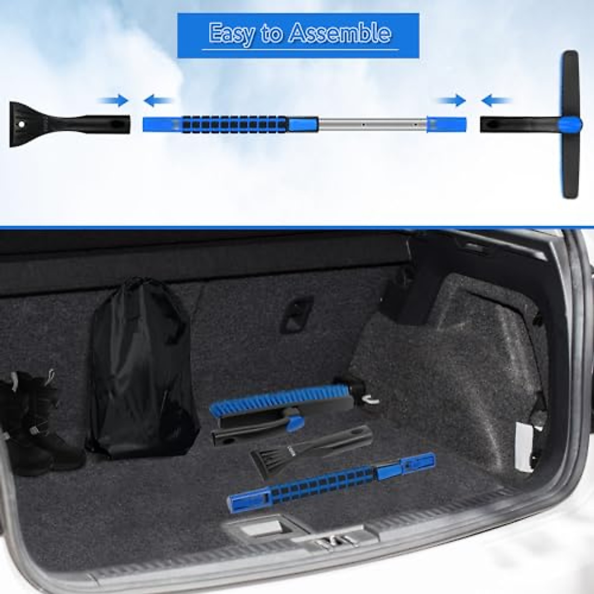 COFIT 36" Car Snow Brush Long Handle, 2 in 1 Extendable Ice Scraper for Windshield, Detachable Snow Removal Tool, Comfortable Clean Brush Scratch Free for RV, Truck, SUV, Windows, Roof, Exterior, Blue