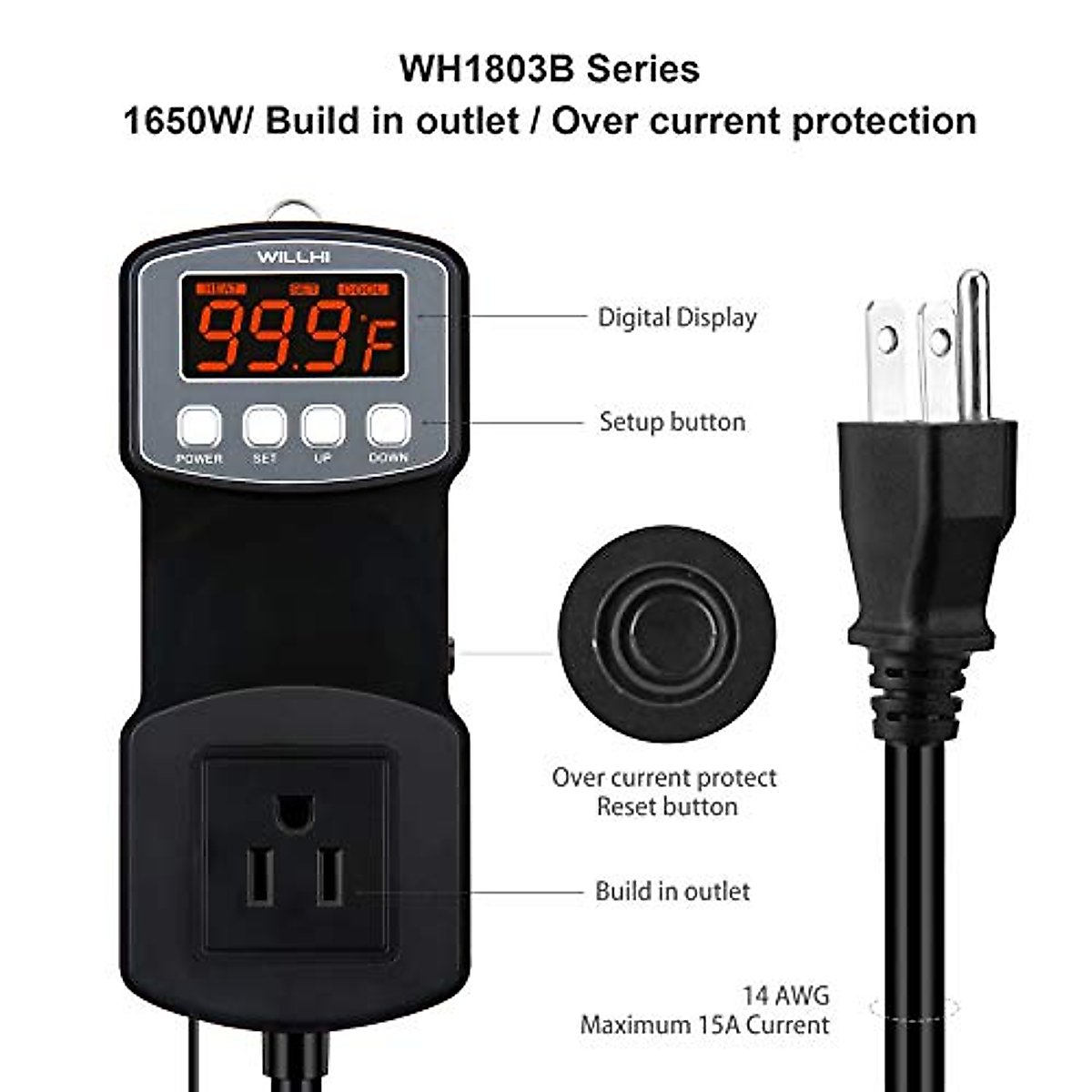 WILLHI Digital Temperature Controller Build in Outlet 1650W 110V 15A Over Current Protection Thermostat Controller Heating Cooling -22~572℉ for Reptile Freezer Greenhouse Temperature Control, WH-1803B