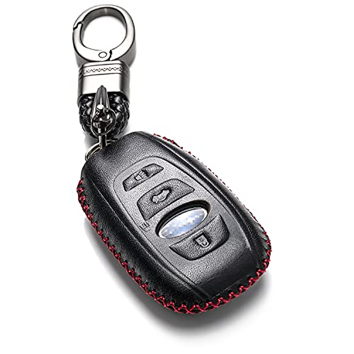 Vitodeco Leather Keyless Remote Smart Key Fob Case Cover with a Key Chain Compatible for Subaru Forester, Impreza, Outback, WRX, BRZ, XV Crosstrek, Ascent 2014 - 2023 (4-Button, Black/Red)