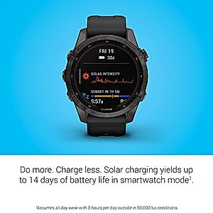 Garmin fenix 7S Sapphire Solar, Smaller adventure smartwatch, with Solar Charging Capabilities, Rugged watch with GPS, touchscreen, wellness features, carbon gray DLC titanium with black band