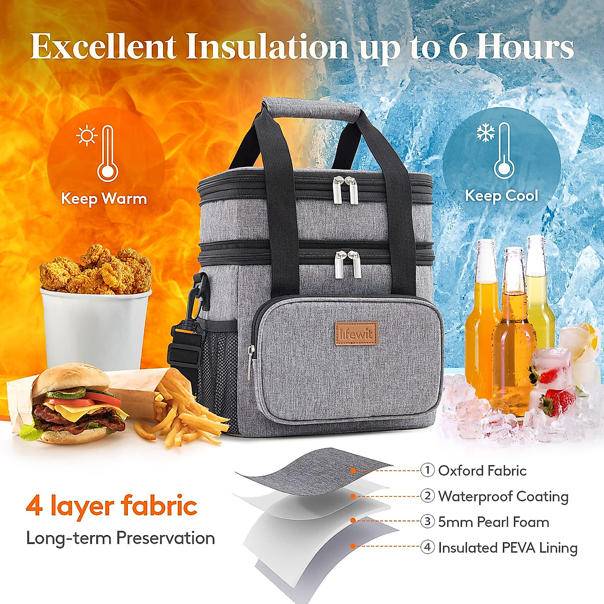 Lifewit Lunch Box for Men Women Double Deck Lunch Bag, Large Insulated Soft Cooler Bag, Leakproof Soft Meal Prep Lunch Tote with Shoulder Strap for Adults for Work/Flight/Travel, 12L/16Can, Grey