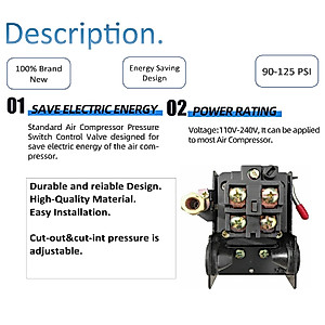 Heavy Duty Air Compressor Pressure Switch Control 90-125 psi Single Port, 26A Replaces