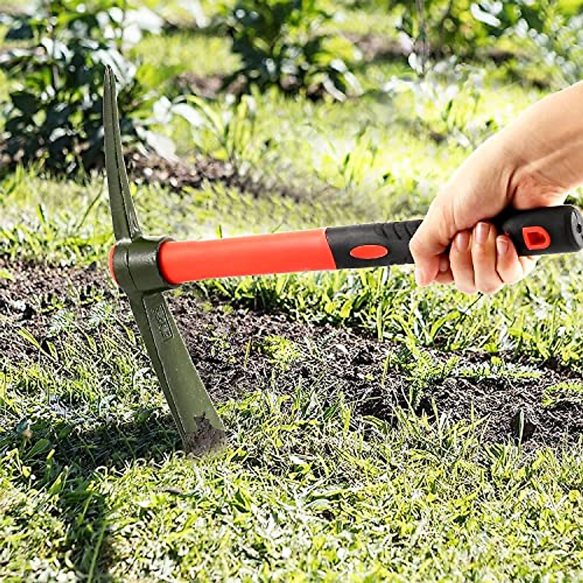 MAHIONG 15 Inch Pick Mattock Hoe, Forged Steel Weeding Pick Axe with Fiberglass Long Handle Garden Tool for Digging, Gardening, Camping, Prospecting, Construction Work