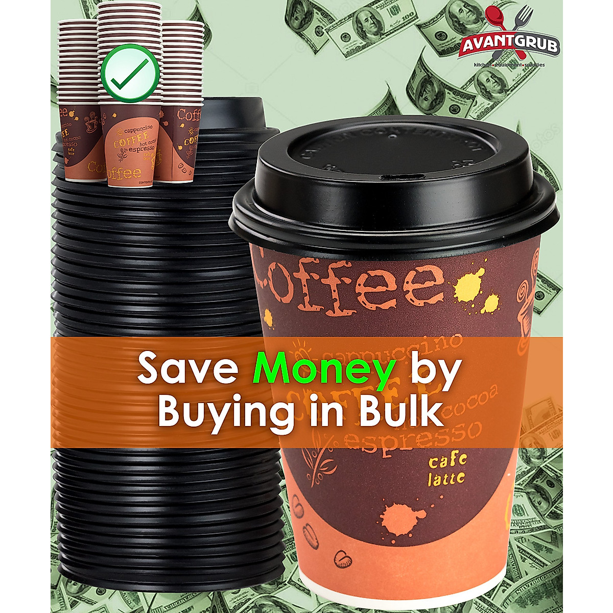 Avant Grub 100 Pack 12 Oz Restaurant Grade Paper Coffee Drinking Cup With Recyclable Dome Lids. Durable, BPA Free Disposable Designer Cups For Hot Drinks At Kiosks, Shops, Cafes