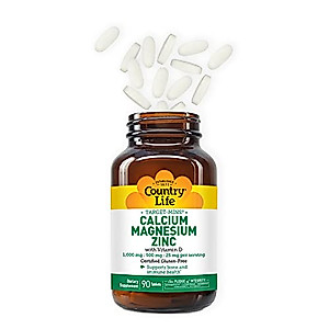 Country Life Target Mins Calcium-Magnesium Zinc with Vitamin D, 1000mg/500mg/25mg 90 Count, Certified Gluten Free, Certified Vegan