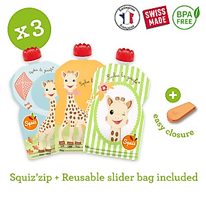 SQUIZ - 3 Swiss-Made Pack Reusable Food Pouches 4,4 oz (130ml) - Refillable Squeeze Food Storage for Baby, Toddler and Kids - Washable and Freezer Safe Bags - BPA Free - Sophie La Girafe